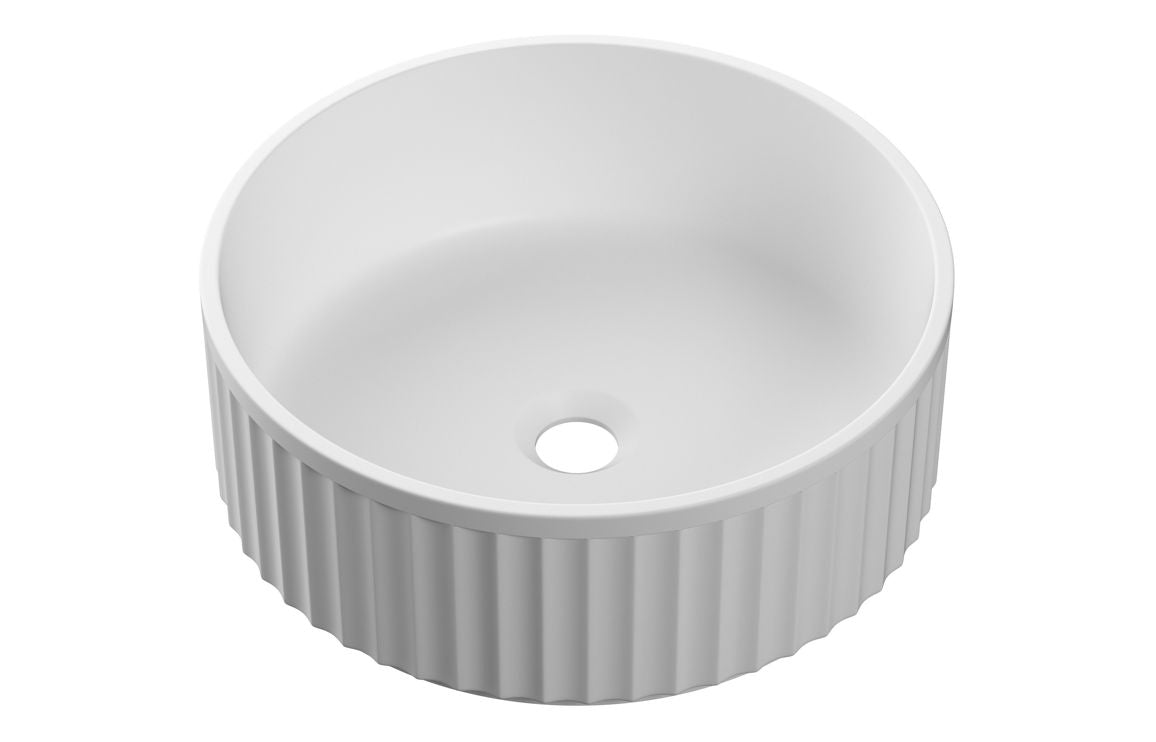 Round 400mm Fluted Countertop Basin – White Resin Wash Bowl