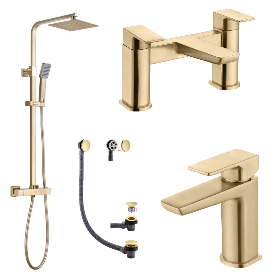 Brushed Brass | Bathroom Taps and Shower Set | Square