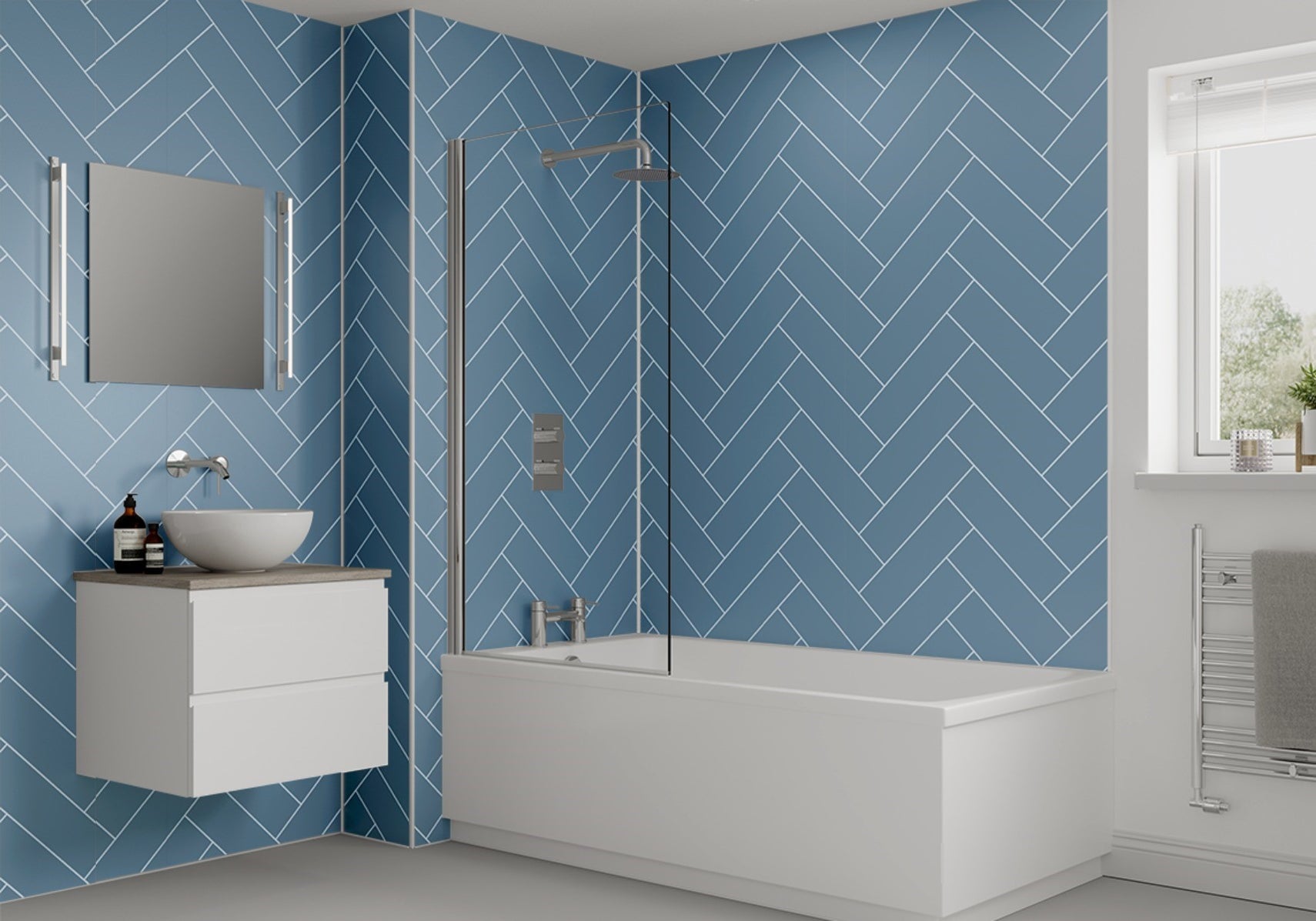 Multipanel Misty Blue Herringbone Tile Effect Bathroom Wall Panel