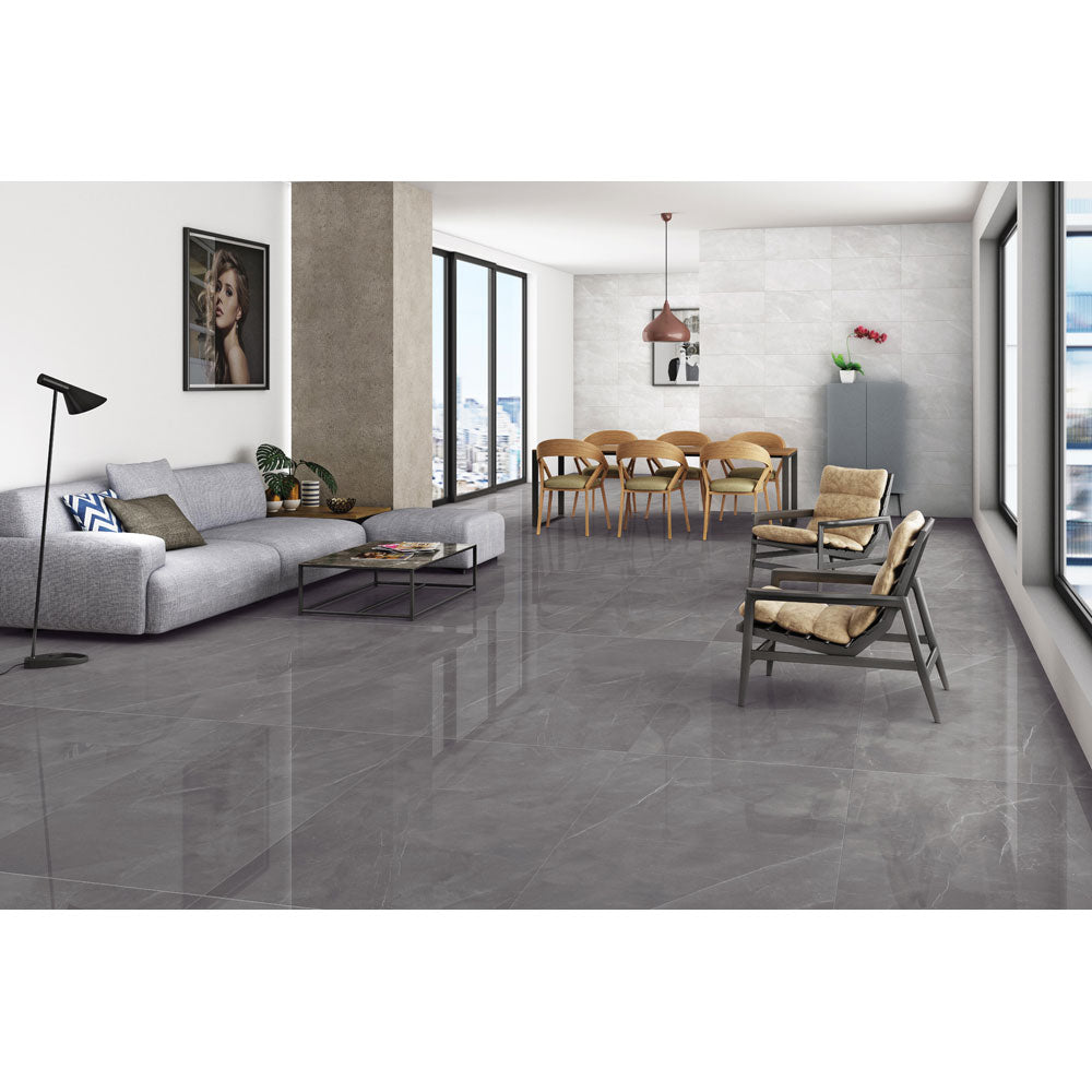 Grey Amani Polished Marble Effect Wall and Floor Tile - 30x60/60x60 an ...