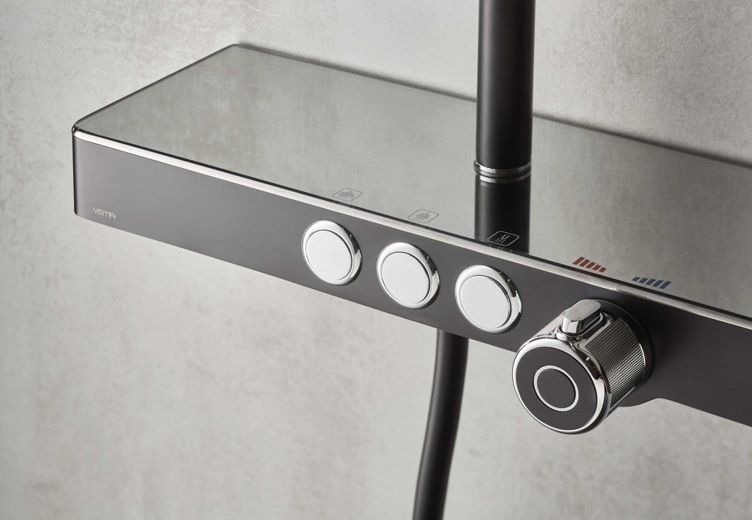 Vema Chrome Thermostatic Shower with Shelf | Luxury Bathrooms